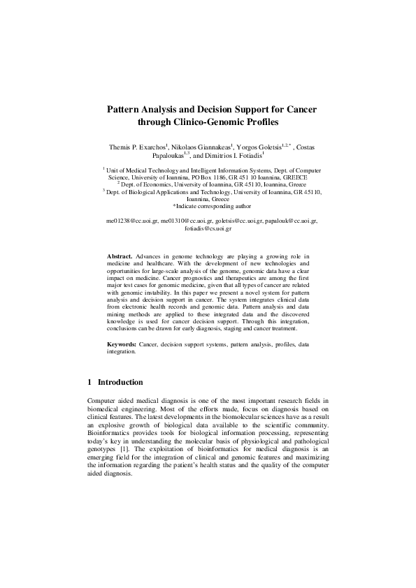 (PDF) Pattern Analysis and Decision Support for Cancer through Clinico-Genomic Profiles