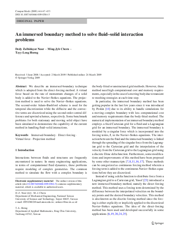 Pdf An Immersed Boundary Method To Solve Fluidsolid Interaction Problems