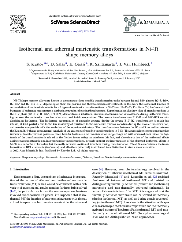 (PDF) Isothermal and athermal martensitic transformations in Ni–Ti shape memory alloys