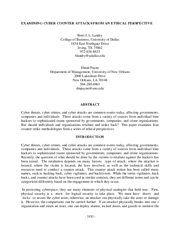Pdf Examining Cyber Counter Attacks From An Ethical Perspective