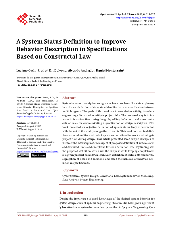 (PDF) A System Status Definition to Improve Behavior Description in ...