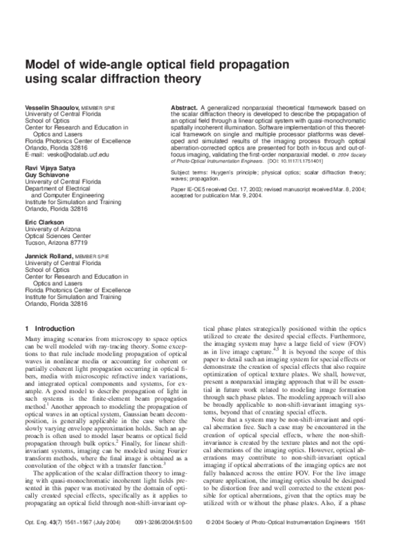 Pdf Model Of Wide Angle Optical Field Propagation Using Scalar Diffraction Theory