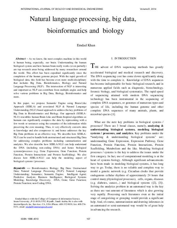 (PDF) Natural language processing, big data, bioinformatics and biology