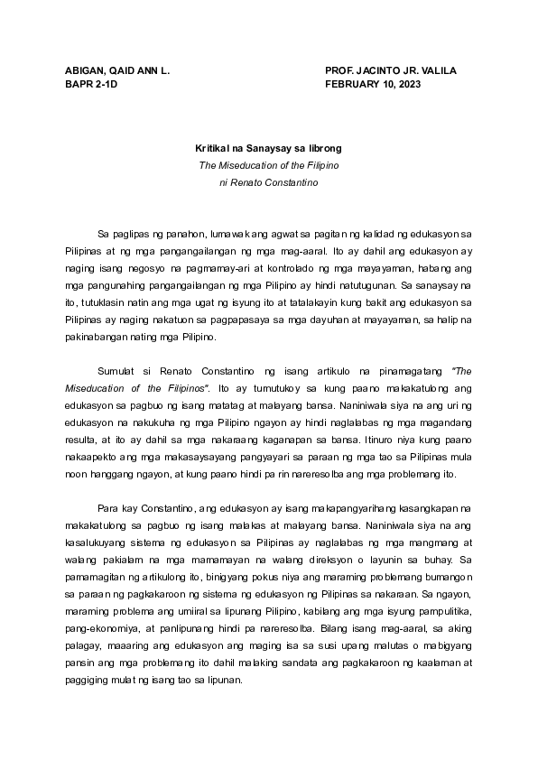 (PDF) Kritikal na Sanaysay sa librong The Miseducation of the Filipino ni Renato Constantino