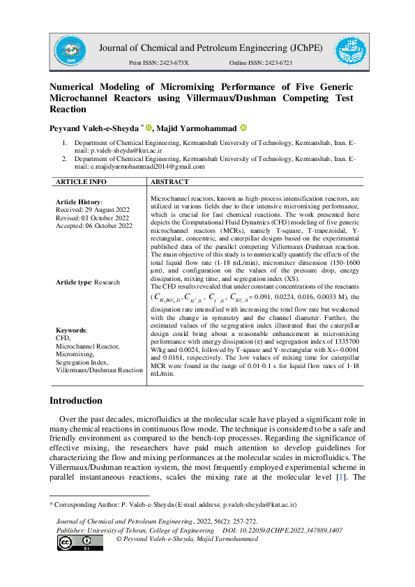 (PDF) Numerical Modeling of Micromixing Performance of Five Generic Microchannel Reactors using ...