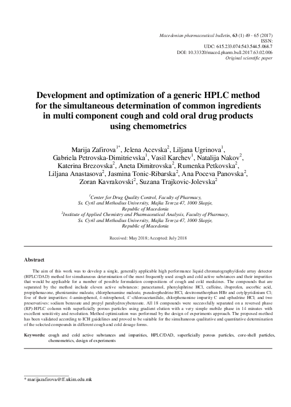 Pdf Development And Optimization Of A Generic Hplc Method For The Simultaneous Determination