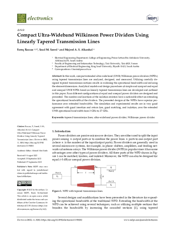 (PDF) Compact Ultra-Wideband Wilkinson Power Dividers Using Linearly ...