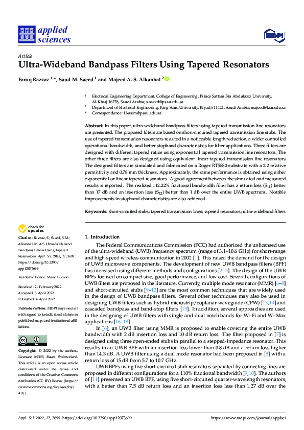 (PDF) Ultra-Wideband Bandpass Filters Using Tapered Resonators
