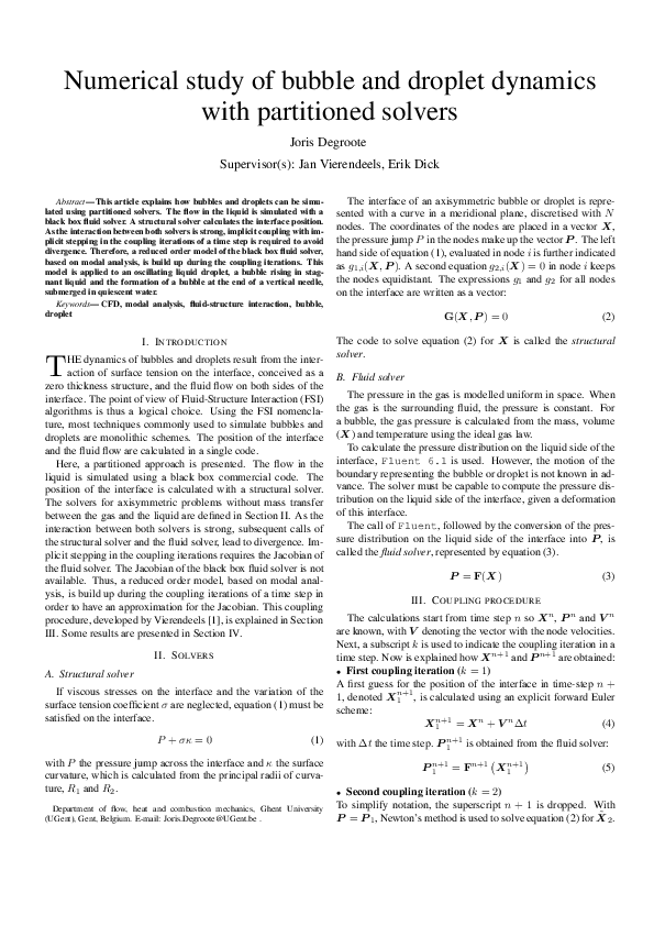 (PDF) Numerical study of bubble and droplet dynamics with partitioned solvers | E. Dick ...