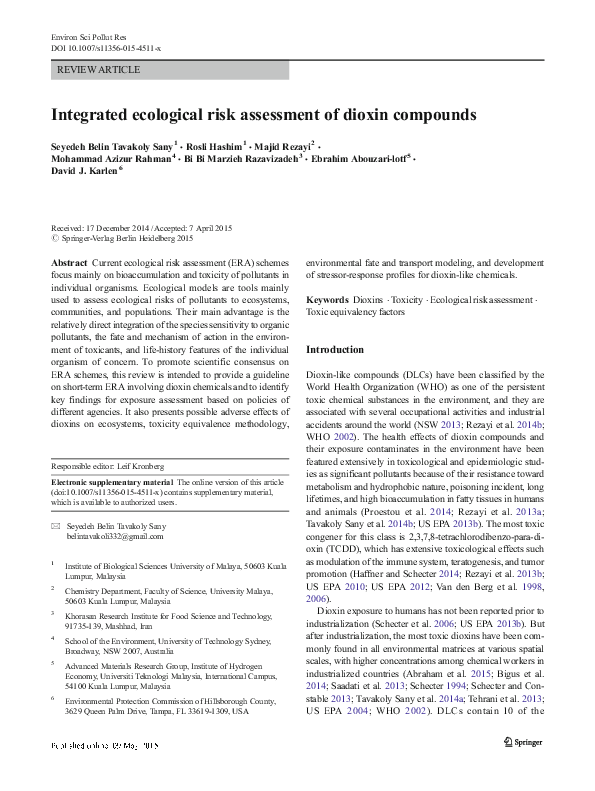 (PDF) Integrated ecological risk assessment of dioxin compounds | Rosli Hashim - Academia.edu