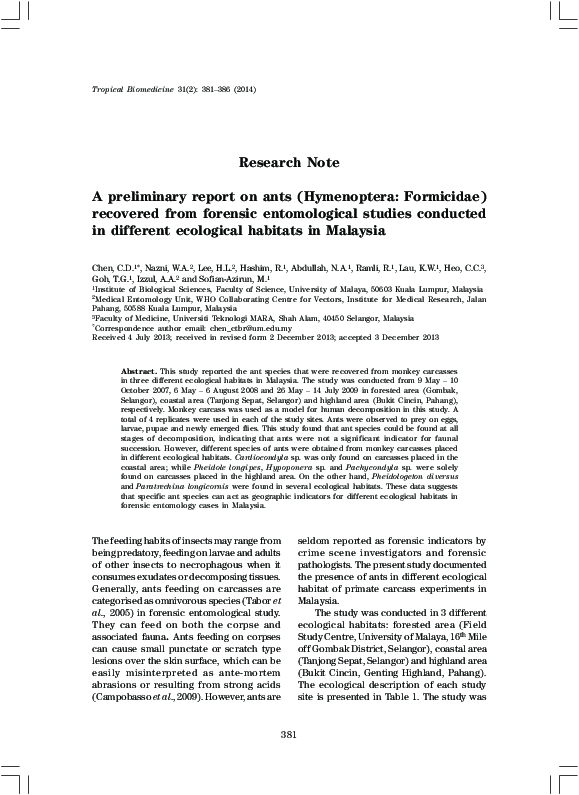 (PDF) A preliminary report on ants (Hymenoptera: Formicidae) recovered ...