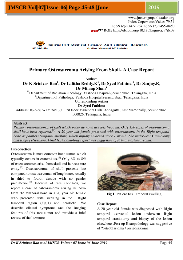 Pdf Primary Osteosarcoma Arising From Skull A Case Report Syed