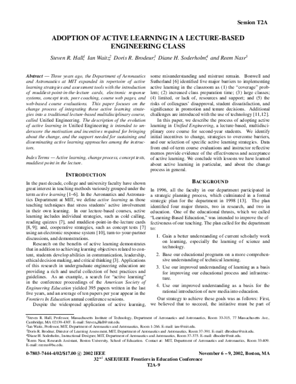 (PDF) Session T2A ADOPTION OF ACTIVE LEARNING IN A LECTURE-BASED ENGINEERING CLASS | Reem Nasr ...