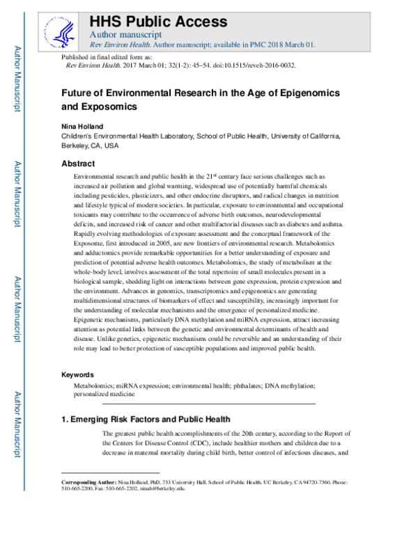 (PDF) Future of environmental research in the age of epigenomics and ...