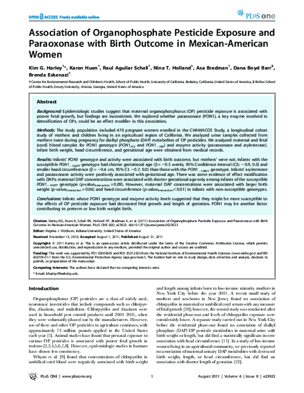Pdf Association Of Organophosphate Pesticide Exposure And Paraoxonase