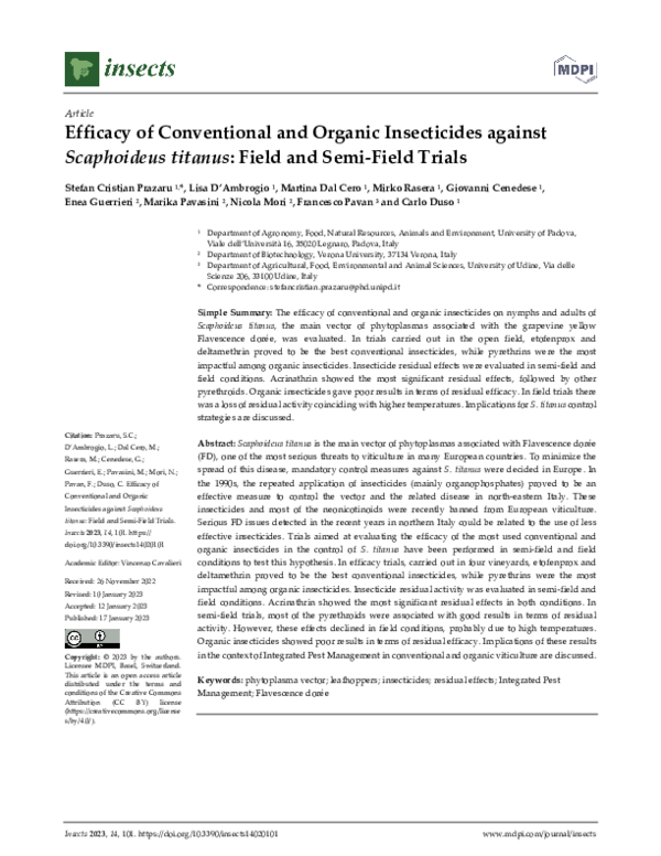 (PDF) Efficacy of Conventional and Organic Insecticides against Scaphoideus titanus: Field and ...