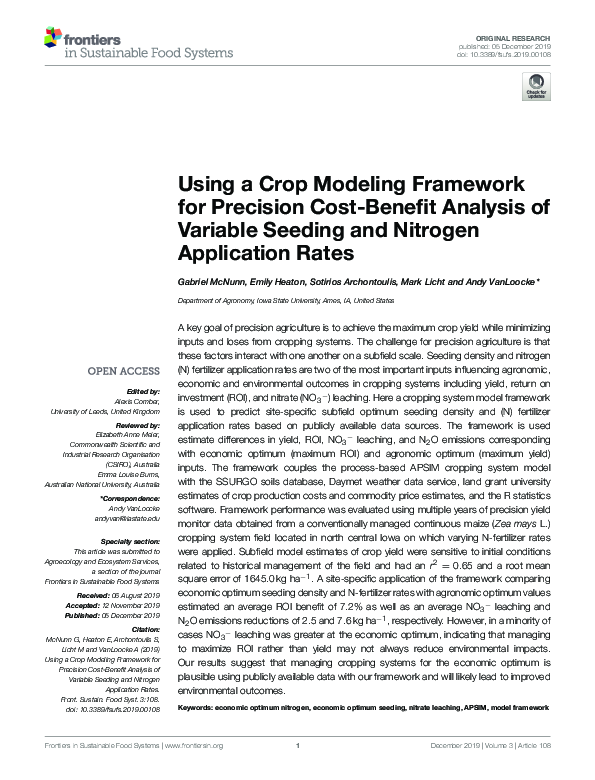 (PDF) Using a Crop Modeling Framework for Precision Cost-Benefit Analysis of Variable Seeding ...