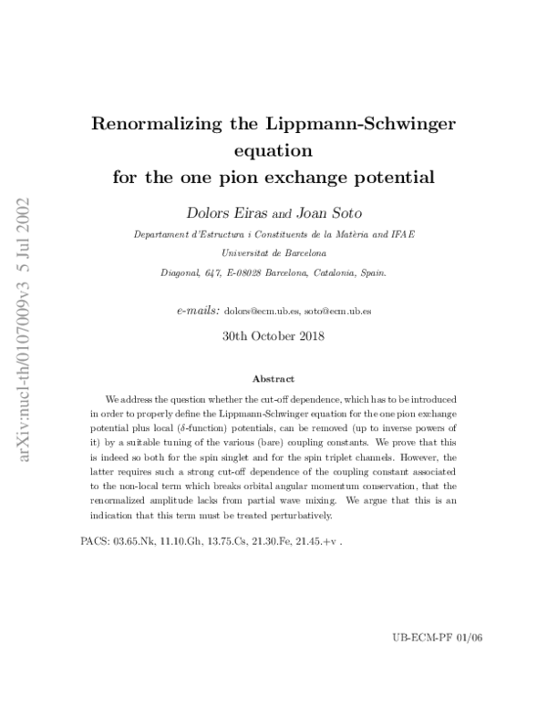 (PDF) Renormalizing the Lippmann-Schwinger equation for the one-pion ...
