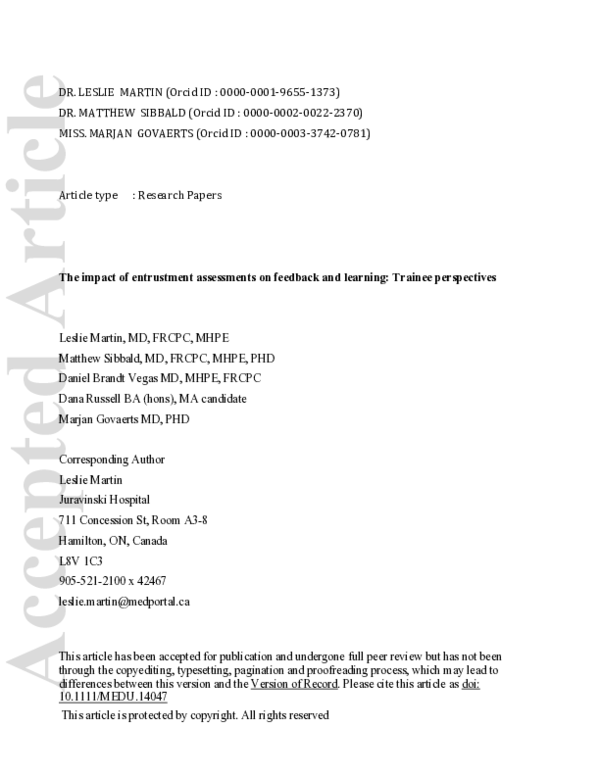 (PDF) The impact of entrustment assessments on feedback and learning ...