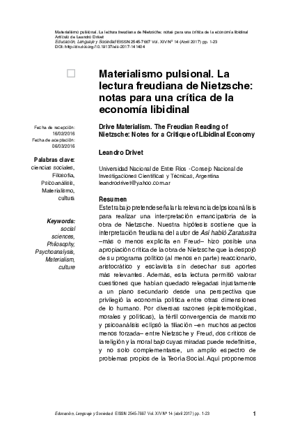 (PDF) Drive Materialism. The Freudian Reading of Nietzsche: Notes for a ...
