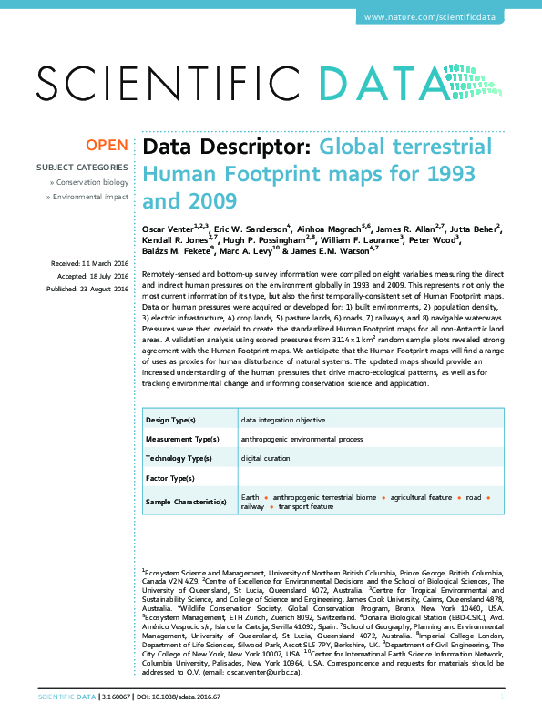 (PDF) Global terrestrial Human Footprint maps for 1993 and 2009