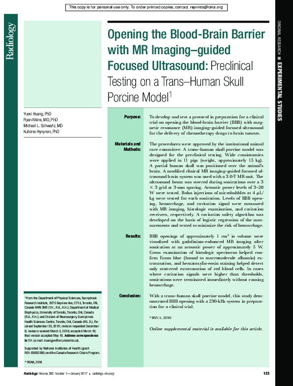 (PDF) Opening the Blood-Brain Barrier with MR Imaging-guided Focused Ultrasound: Preclinical ...