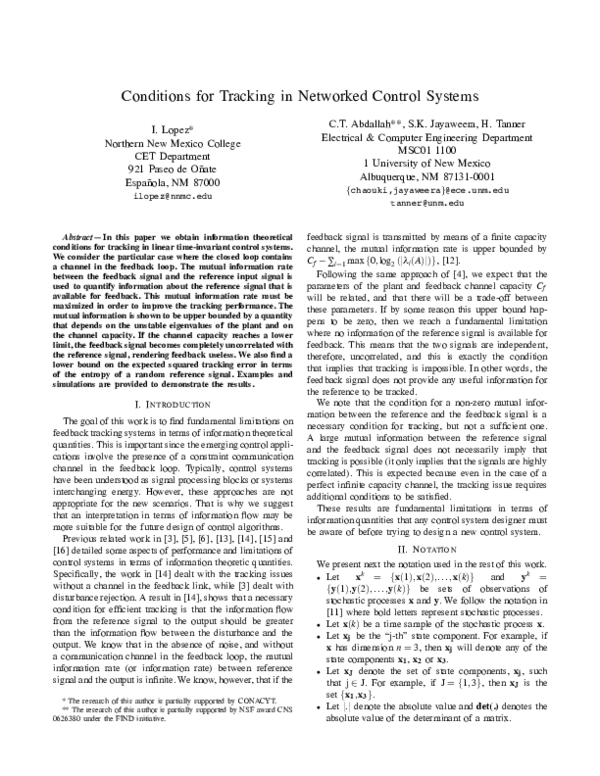 (PDF) Conditions for tracking in networked control systems
