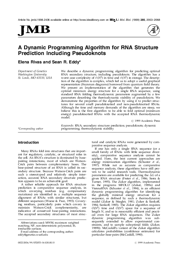 Pdf A Dynamic Programming Algorithm For Rna Structure Prediction Including Pseudoknots 1
