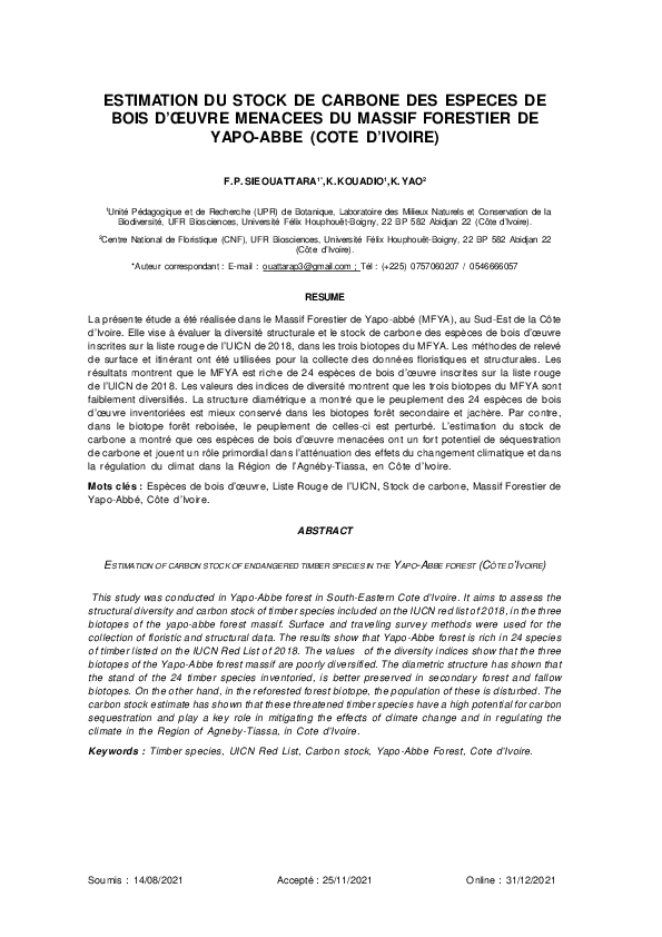 (PDF) ESTIMATION DU STOCK DE CARBONE DES ESPECES DE BOIS D'OEUVRE MENACEES DU MASSIF FORESTIER ...