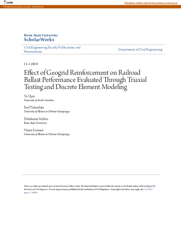 (PDF) Effect of Geogrid Reinforcement on Railroad Ballast Performance Evaluated through Triaxial ...