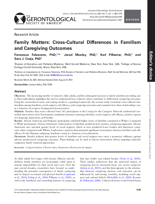 (PDF) Family Matters: Cross-Cultural Differences in Familism and ...
