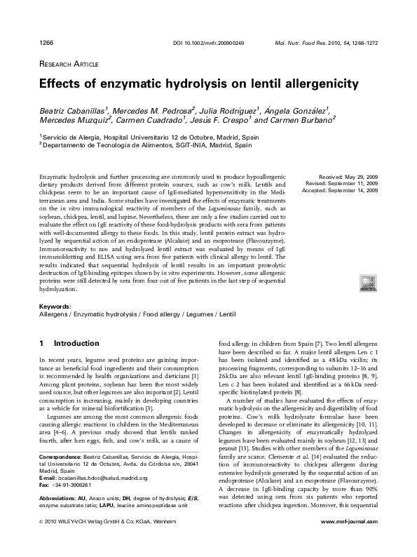 Pdf Effects Of Enzymatic Hydrolysis On Lentil Allergenicity Beatriz