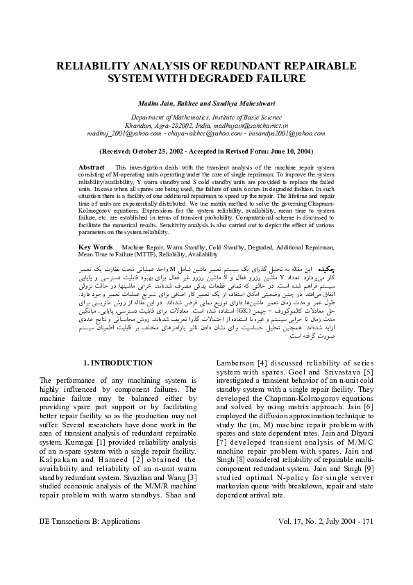 (PDF) Reliability Analysis of Redundant Repairable System with Degraded Failure
