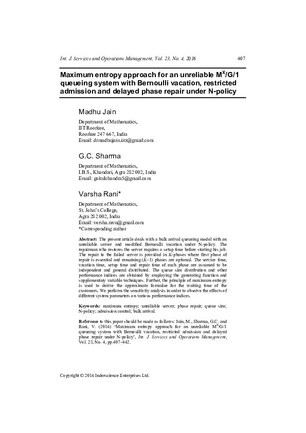 (PDF) Max Entropy in Unreliable MX/G/1 Queue with N-policy