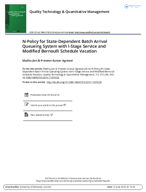 Pdf N Policy For State Dependent Batch Arrival Queueing System Withl Stage Service And