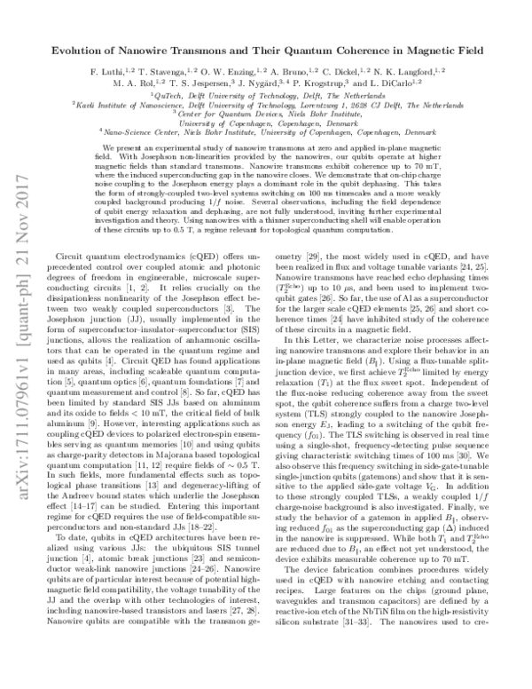 (PDF) Evolution of Nanowire Transmon Qubits and Their Coherence in a Magnetic Field