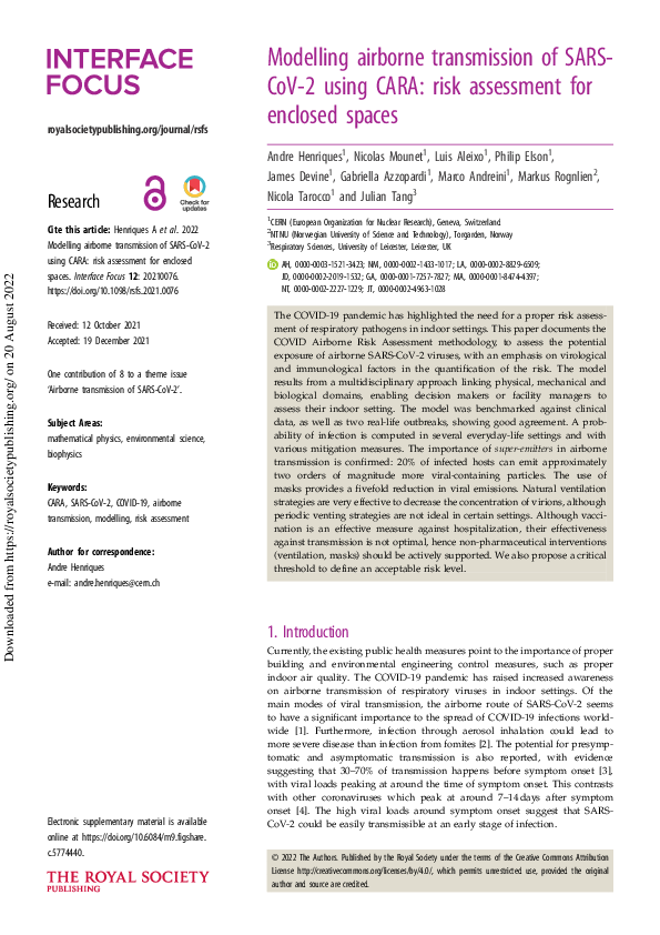 (PDF) Modelling airborne transmission of SARS-CoV-2 using CARA: Risk ...