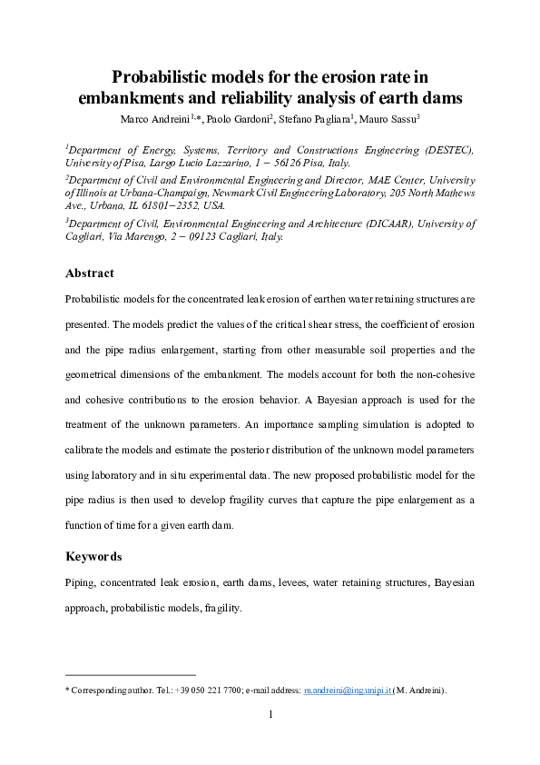 (PDF) Probabilistic models for the erosion rate in embankments and reliability analysis of earth ...