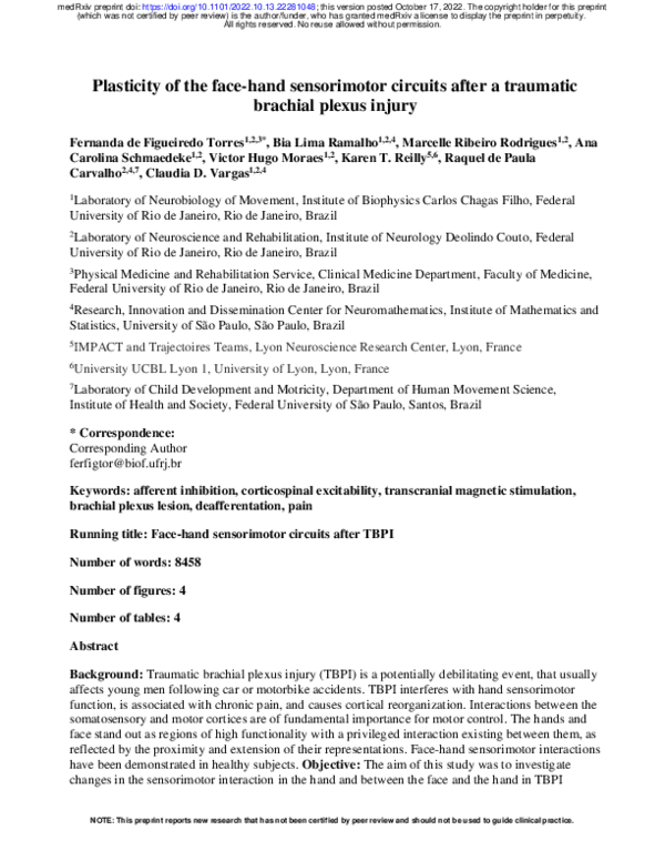 (PDF) Plasticity of the face-hand sensorimotor circuits after a traumatic brachial plexus injury