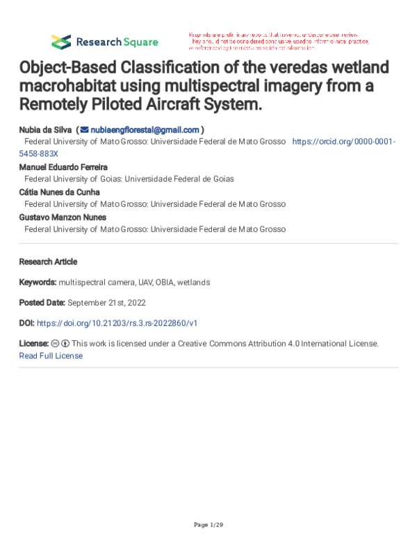 Pdf Object Based Classification Of The Veredas Wetland Macrohabitat Using Multispectral 