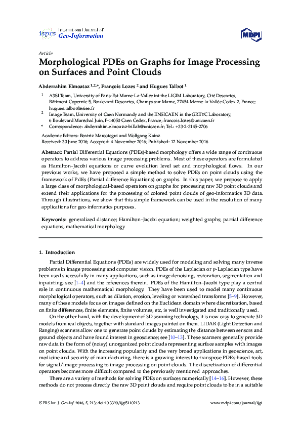 (PDF) Morphological PDEs on Graphs for Image Processing on Surfaces and Point Clouds | Hugues ...