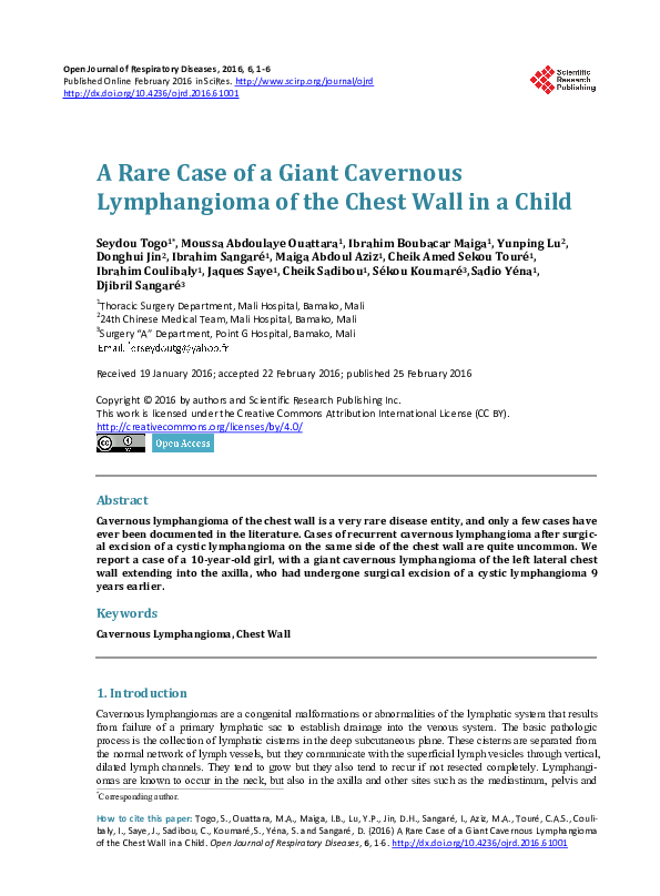 (PDF) A Rare Case of a Giant Cavernous Lymphangioma of the Chest Wall ...