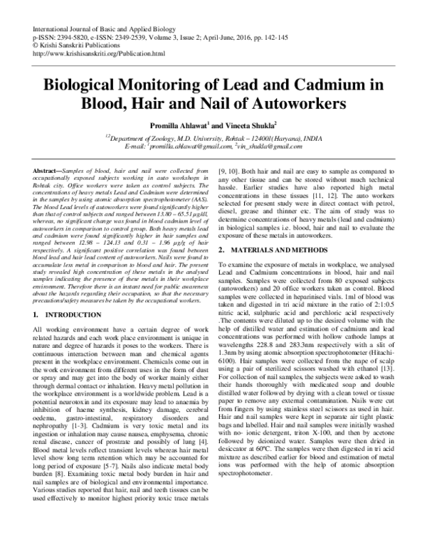 (PDF) Biological Monitoring of Lead and Cadmium in Blood, Hair and Nail ...