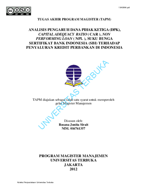 (PDF) Analisis pengaruh Dana Pihak Ketiga (DPK), Capital Adequacy Ratio (CAR), Non Performing ...