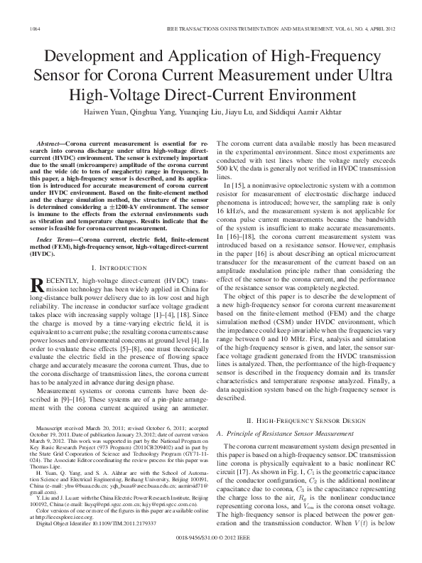 (PDF) Development and Application of High-Frequency Sensor for Corona Current Measurement under ...
