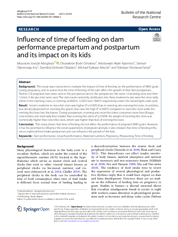 (PDF) Influence of time of feeding on dam performance prepartum and ...