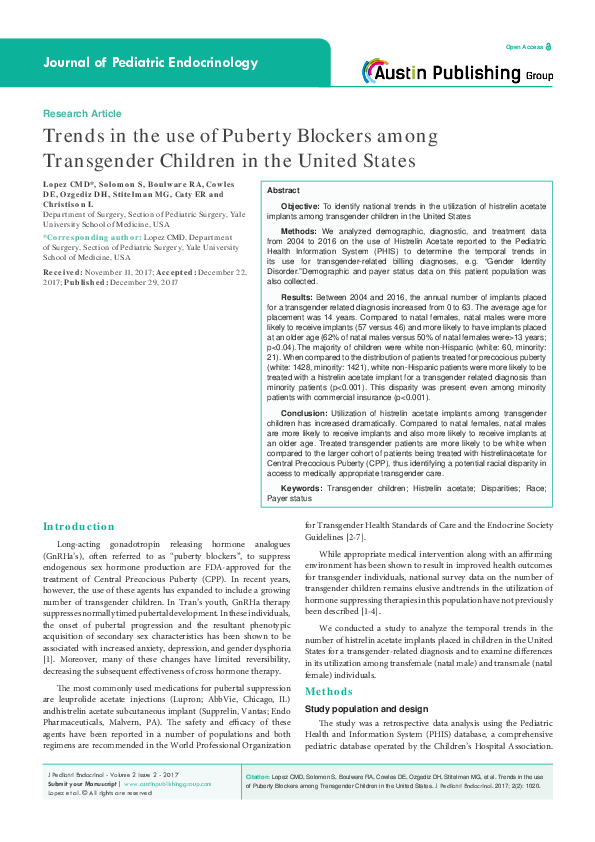 (PDF) Trends in the use of puberty blockers among transgender children ...