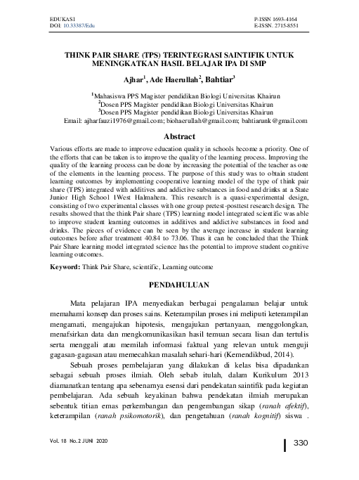 (PDF) Think Pair Share (TPS) Terintegrasi Saintifik Untuk Meningkatkan ...