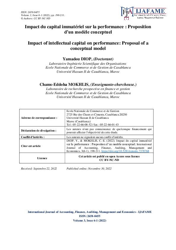 (PDF) Impact du capital immatériel sur la performance : Proposition d'un modèle conceptuel