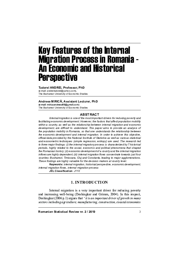 (PDF) Key Features of the Internal Migration Process in Romania – An ...